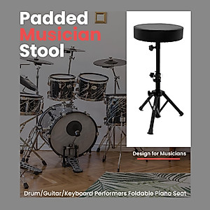 Pyle Padded Musician Stool-Drum/Guitar/Keyboard Performers Foldable Piano w/Height Adjustable Foot & Seat, Non-Slip Rubber Feet, Round Foam Cushion PKST54