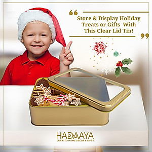 hadaaya Gold Rectangular Tin Container With Clear Lid, Single Piece Christmas Cookie Tin, Festive Tin for Gift Giving & Holiday Treats - Multipurpose Use Medium Size Tin Container