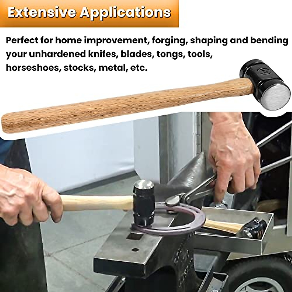 36 oz Rounding Hammer Blacksmith Bladesmith Forge Engineer Drilling Hammer Handmade Knife Making Metal Working Forging Farrier Tool Flat Round Face with Wooden Handle Steel Head