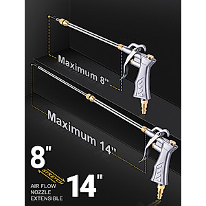 JASTIND Industrial Air Blow Gun with Brass Adjustable Air Nozzle, 8-14 Inch Extension with 2 Steel Air Flow Nozzle, High Volume Air Tool Dust Blower Gun for Air Compressor Attachments