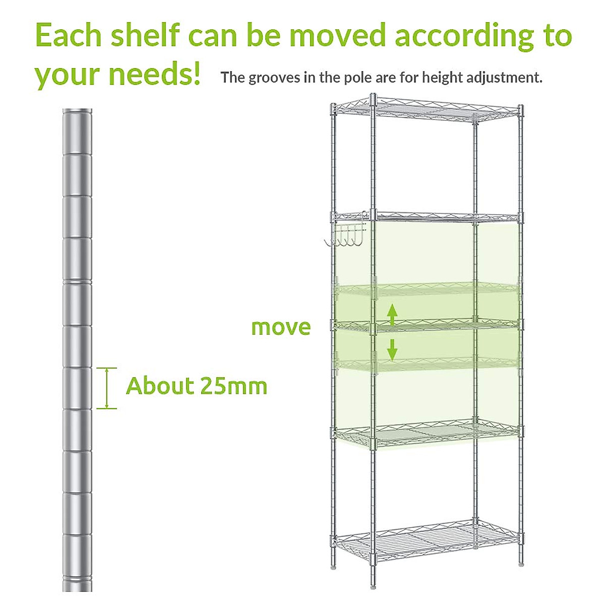 Cozzine 5 Tier Storage Shelves, Adjustable Storage Shelves 21"x 11"x 59" Heavy Duty Steel Tube Wire Shelving Unit (Silver)