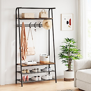 Coat Rack Shoe Bench with 5 Hooks, Entryway Hall Trees with Storage, Multifunctional Hallway Organizer, Wood Look Accent Furniture with Metal Frame, 4-in-1 Hall Trees Shoe Bench (5 Hooks-31.5 In)
