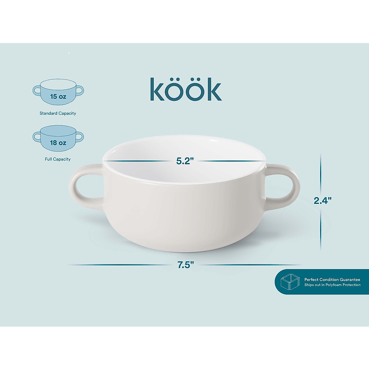 Kook Soup Crocks, Ceramic Bowls, Broil, Oven, Microwave and Dishwasher Safe, with Handles, For Casserole, Pasta, Cereal, 18 oz, Set of 4 (Coconut White)