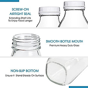 YEBODA 32oz Glass Milk Bottle with Plastic Tamper-proof Caps (4 Pack) Vintage Reusable Dairy Drinking Containers, Glass Bottles for Milk, Juice,Yogurt, Smoothies, Tomato Sauce, Jam, Syrup