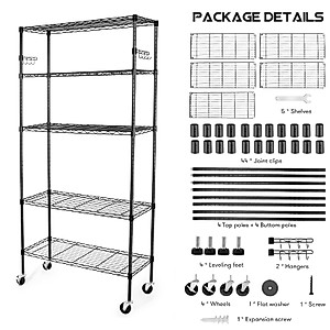 YNN Wire Shelving,1750Lbs Capacity 5 Tier Heavy Duty NSF Wire Shelf with Rolling Wheels Black Metal Storage Shelves Adjustable Wire Rack Unit 36" W x 14" D x 72" H for Kitchen Bathroom Garage Closet