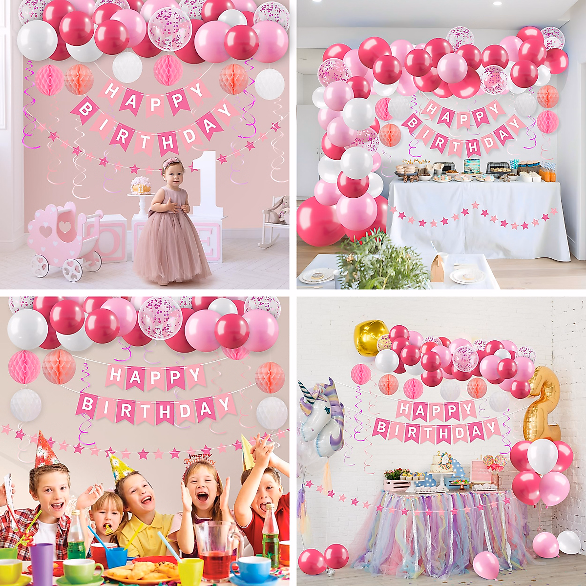 Pink Happy Birthday Party Decorations Set for Women Girls, Pre-Strung Happy Birthday Sign Banner, Pink Balloons, Tissue Paper Pom Poms, Star Garland, Hanging Swirls for Birthday Princess Party