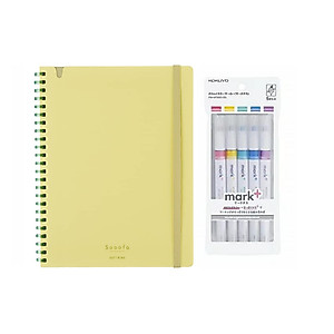 Kokuyo. Soft Ring Notebook Sooofa A5 4mm Grid 80 Sheets Yellow and Mark⁺ Two Way Color Marker 5-Pack(Pink,Blue,Green,Purple, and Yellow) Set