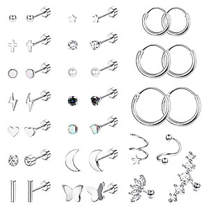 Jstyle 20G Stainless Steel Stud Earrings for Women Men Star Moon Heart CZ Flat Back Earrings Set Cartilage Earrings Hoop Small Flatback Earrings Stud Tragus Helix Daith Piercing Jewelry Silver Tone