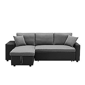 UBGO Upholstery Living Room Furniture Sets,Modular Sleeper, L-Shaped, Reversible Bed,Sectional Sofa with Storage and 2 stools Steel,Gray, Grey 3-seat Chaise Longue