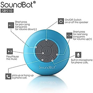 Soundbot SB510 Bluetooth Shower Speaker HD Water Resistant Bathroom Speakers, Handsfree Portable Speakerphone with Built-in Mic, 6hrs of Playtime, Control Buttons and Dedicated Suction Cup (Blue)