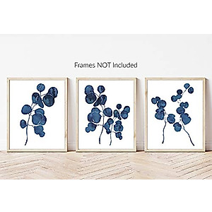 Pink Pixie Studio Blue Ink Eucalyptus Foliage Prints Set of 3-5 x 7 UNFRAMED Botonical Watercolor Indigo Leaf Wall Art Posters Painting Home Office Decor