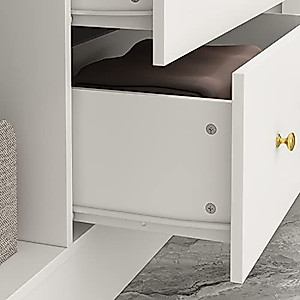 ECACAD Wardrobe Armoire with Mirror, 5-Tier Shelves, 2 Drawers, 2 Hanging Rods and 4 Doors, Wooden Closet Storage Cabinet for Bedroom, White (63”W x 19.7”D x 70.9”H)