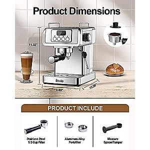 ILAVIE 20 Bar Espresso Machine, Stainless Steel Espresso Coffee Machine for Cappuccino, Latte, Espresso Maker for Home, Automatic Espresso Machine with Milk Steamer, 1.8L Water Tank, 1350W