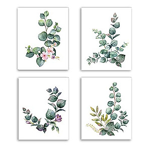 KAIRNE Eucalyptus Leaf Canvas wall Art Painting Set of 4 Unframed(8x10 Inch) Tropical Plant Decor Leaves pink flower art print Botanical Wall decor for living room home wall decoration
