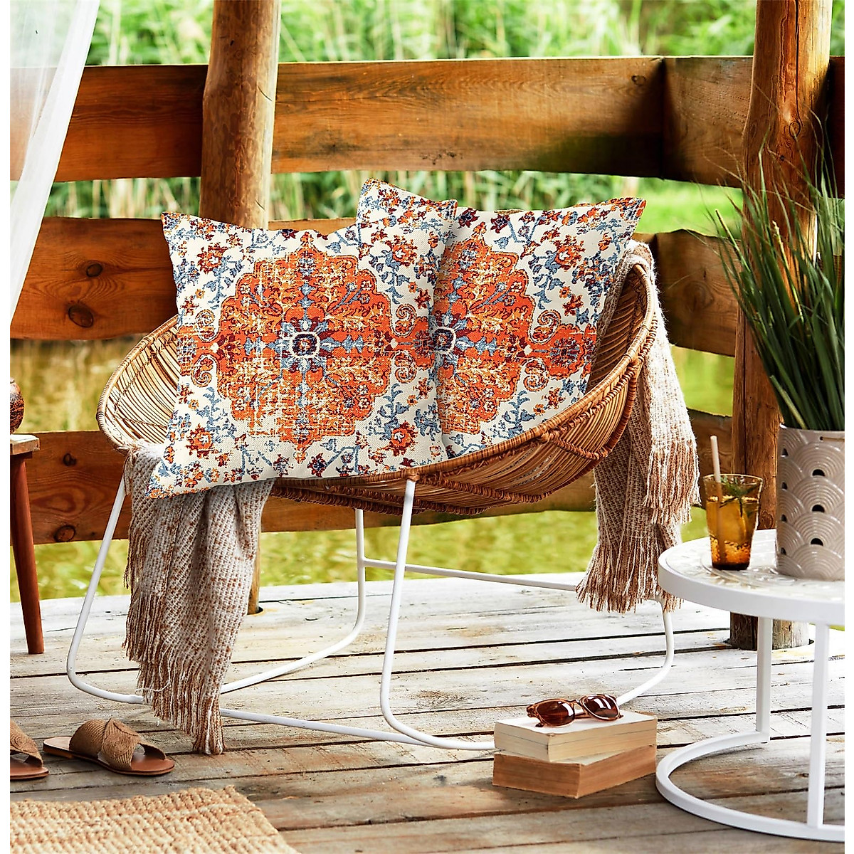 chiinvent Boho Pillows Covers 18x18 Inch Set of 2 Bohemian Vintage Rust Carpet Pattern Throw Pillows Orange Blue Ethnic Floral Decorative Cotton Linen Cushion Cases for Outdoor Couch Sofa Living Room