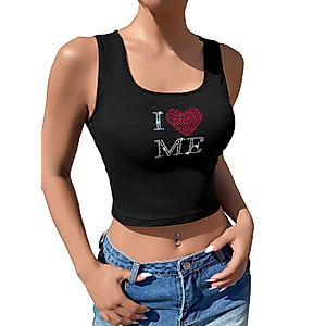 SOLY HUX Women's Rhinestone Heart Letter Print Y2K Crop Tank Top Scoop Neck Sleeveless T Shirts Solid Black XS