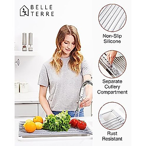 Large Dish Drying Rack for Kitchen Sink - Over Sink Dish Drying Rack to Dry Dishes & Drain Items - Modern & Stylish Dish Rack Set with Extra Side Tray - Space-Saving Roll-Up Counter Drainboard - Grey