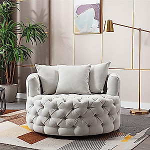 Oversized 360°Swivel Accent Barrel Chair Linen Tufted Comfy Sofachair W/3 Pillows, 42.9"W Leisure Lounge Club Upholstered Armchair Cozy Round Sofa & Chair for Home Apartment Office Hotel Living Room