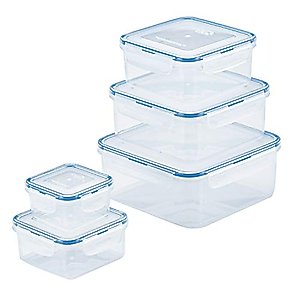 LocknLock Easy Essentials Food Storage lids/Airtight containers, BPA Free, 10 Piece - Square, Clear