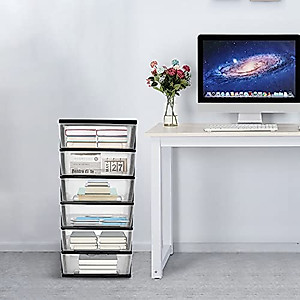 RustyVioum 6-Tier Books Storage Organizer, Rolling Storage Carts File Storage, Rolling Kitchen Cart Trolley w/Wheels for Closet Living Room Hallway Dormitory, Black+Clear/White+Clear (Black+Clear)