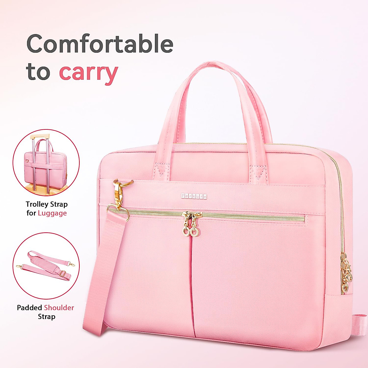 Ferkurn Laptop Bag Case Women Men Computer Bag Compatible with MacBook/HP/LG/Dell, Shoulder Strap Carrying Briefcase Messenger Bag, Pink, 15.6-16 Inch