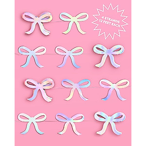 xo, Fetti Iridescent Bow Hanging Garland - 4 pcs, 12' | Bachelorette Decorations, Tying The Knot Bride Bach Decor, Birthday Party Favor, Baby Shower Supplies, Coquette Photobooth Backdrop