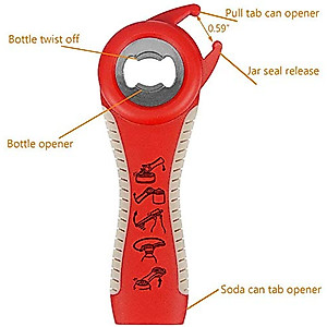 Jar Opener,Manual Can Opener,Bottle Opener Can Openers for Seniors with Arthritis,Weak Hands, 5-in-1 Multi Kitchen Tools Set for Children, Women and Seniors (Red)