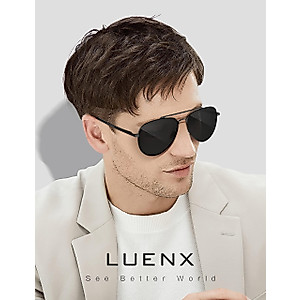 LUENX Aviator Sunglasses for Men Womens Polarized Driving Shades Black Lens Black Metal Frame Classic Style 60mm