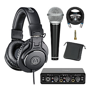 blucoil Audio Technica ATH-M30x Professional Studio Monitor Headphones (Black) Bundle Portable USB Audio Interface for Windows & Mac, 10' XLR Cable, and Samson R21S Dynamic Microphone