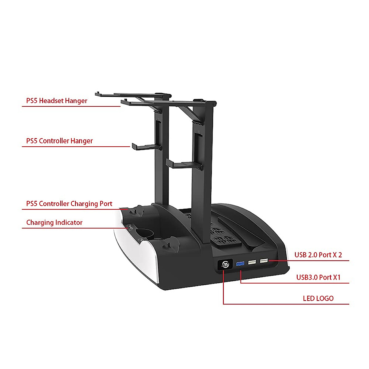 EJGAME Vertical Stand Dual Charging Station with Suction Cooling Fan Compatible with PS5 Console and PS5 Digital Edition, Built-in Headset Holder,Media Remote Stand and13 Game Rack Organizer