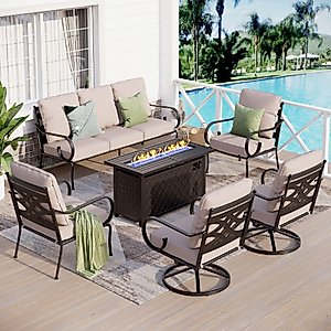 Sophia & William 6 Piece Outdoor Patio Furniture Set, 7 Seats Patio Conversation Sets with 45" Gas Fire Pit Table x 1, 3-seat Sofa x 1, Swivel Chair x 2, Cushioned Chair x 2, Beige