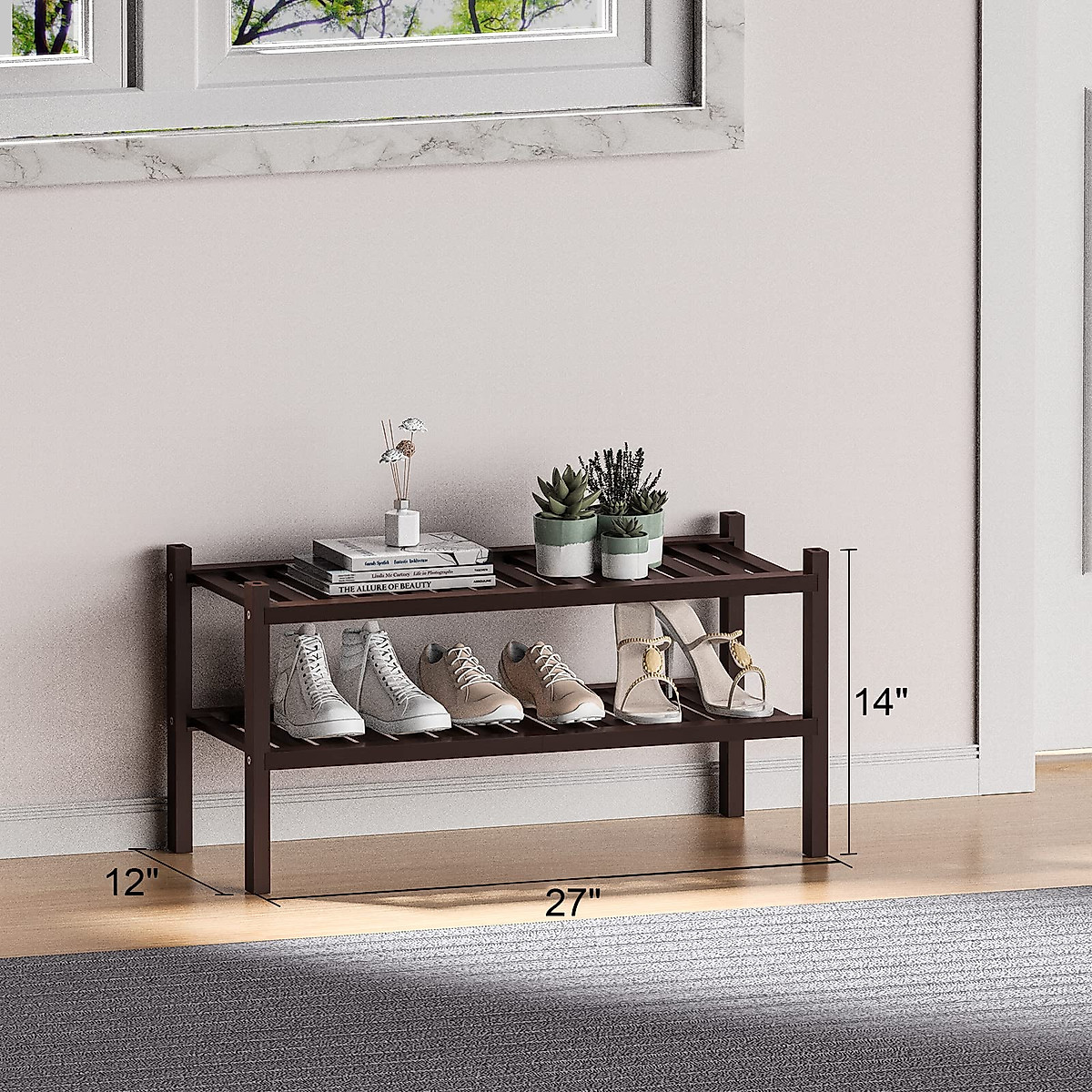 ROMGUAR CRAFT 2 Tier (Thick) Bamboo Shoe Rack for Closet Free Standing Wood Shoe Shelf for Entryway Small Space Stackable 27"x12"x14" (Black Brown)