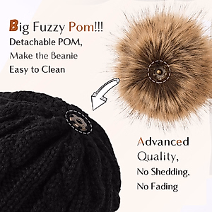 YANIBEST Winter Hats for Women Satin Lined Knitted Beanie Hat Warm Soft Ski Cuff Cap with Pom Pom Black