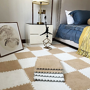 easycustomerlee 12pcs Interlocking Carpet Shaggy Soft EVA Foam Mats Fluffy Rugs Protective Floor Tiles Exercise Play Mats for Children Kids Room Home Parlor Bedroom(Khaki)