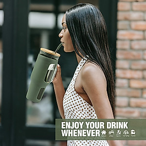 WINSA Glass Tumbler with Lid and Straw, 46 oz Iced Coffee Cup with Handle, Glass Water Bottles with Silicone Sleeve, Glass Cup with Straws - Pearl Straw & Drinking Straw BPA Free-Olive