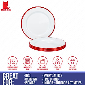 Red Co. Set of 4 Enamelware Metal Classic 8" Round Salad Plate, Solid White/Red Rim