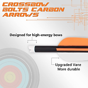 TY Archery Carbon Crossbow Bolts 16/18/20/22 inch Hunting Archery Arrows with 4" Vanes Moon Nocks and Removable Tips (Pack of 12)