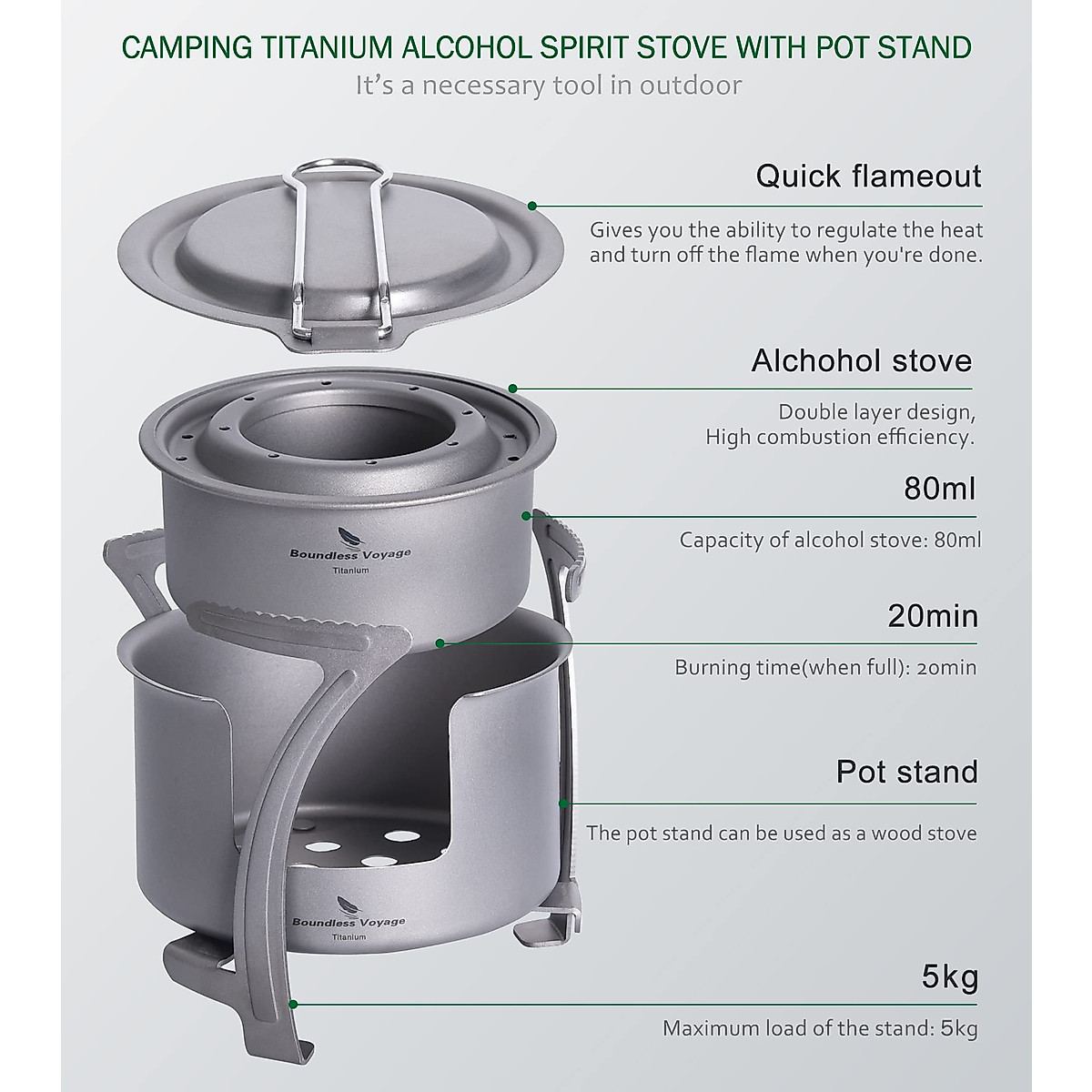 Boundless Voyage Camping Titanium Spirit Alcohol Stove with Pot Stand Backpacking Wood Stove Outdoor Mini Wood Furnace Burner Ti2013C