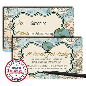 Adventure Awaits World Traveler Gender Neutral “Bring A Book” Cards for Baby Showers, 20 2.5 by 4 Inch Double Sided Insert Cards by AmandaCreation, Invite Guests to Bring A Book for the Baby