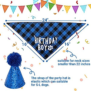 FLYSTAR Dog Birthday Bandana with Hat and Number - Plaid Cute Doggy Bandana for Small Medium Large Dogs Boy- Blue Triangle Scarf Bibis Party Dog Outfits