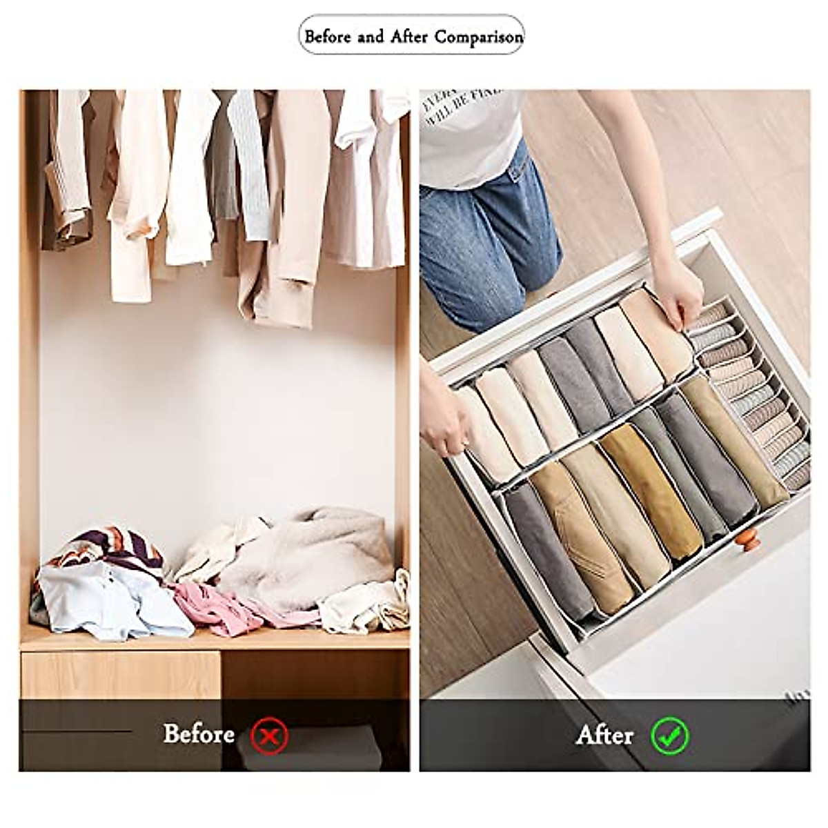 4Packs Wardrobe Clothes Organizer, Washable Drawer organizer Clothes, Folded Clothes Storage Organizer for Bedroom Dorm Room (4Packs:2Jeans+2Socks, Gray)