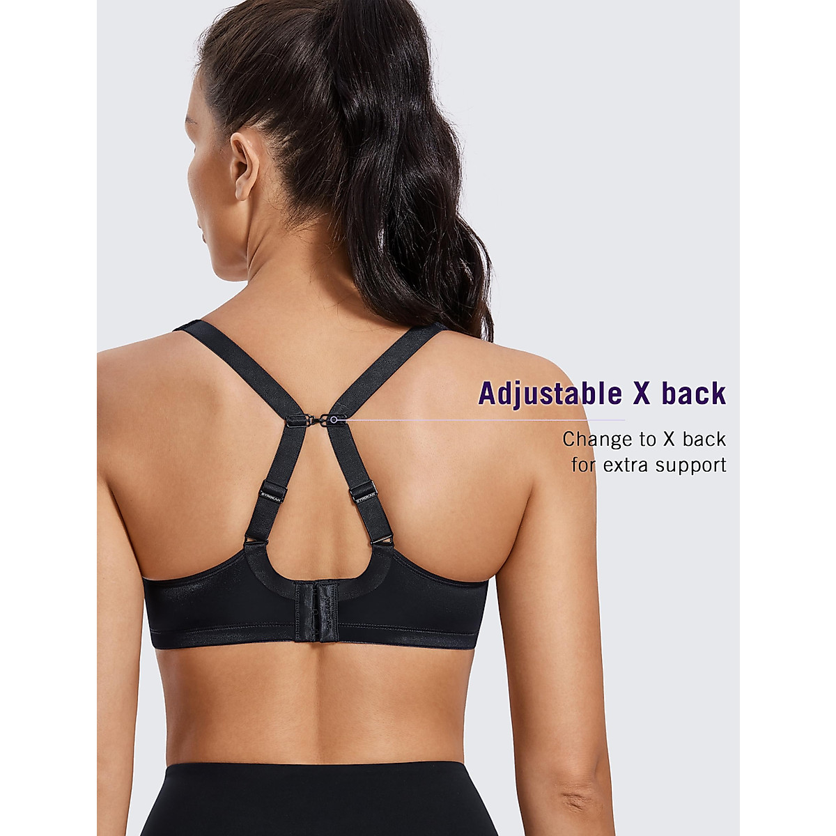 SYROKAN High Impact Sports Bras for Women Support Underwire Cross Back Large Bust Cool Comfort Molded Cup Solid Black 36F