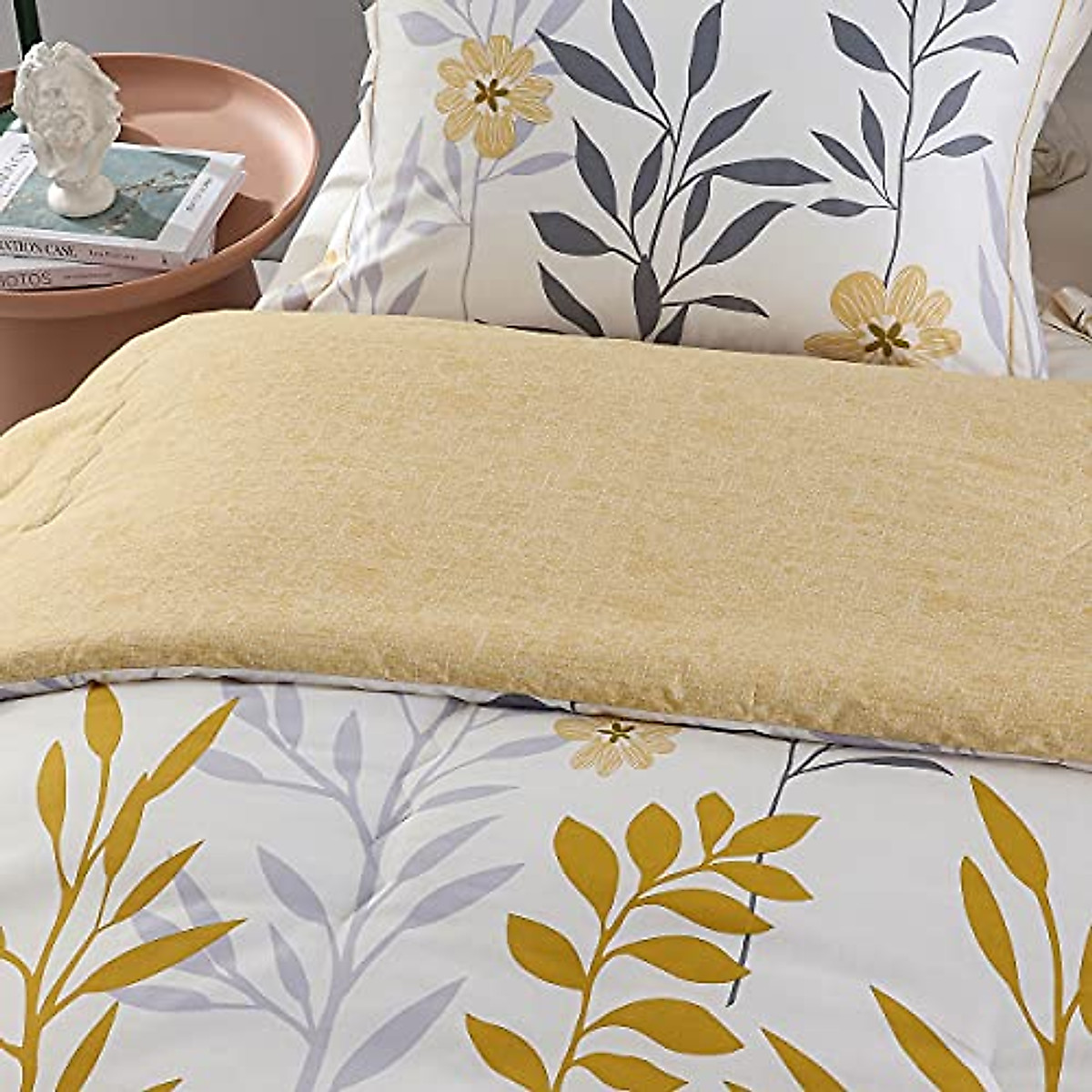 SLEEPBELLA Comforter Queen Size, 600 Thread Count Cotton Grey Branch with Yellow Flower & Grey Leaves Pattern Orange Reversible Comforter Set,Down Alternative Bedding Set 3Pcs(Queen, Yellow Botanical)