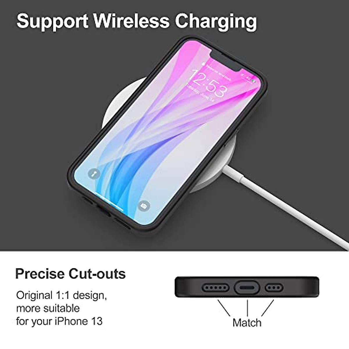 Shockproof Phone Case ,Compatible for iPhone 13 Case, 4FT Military Drop Protection Translucent Matte Hard Back with Soft Edge Airbag Protective Phone Cases for iPhone 13 6.1 inch 2021 (Black)