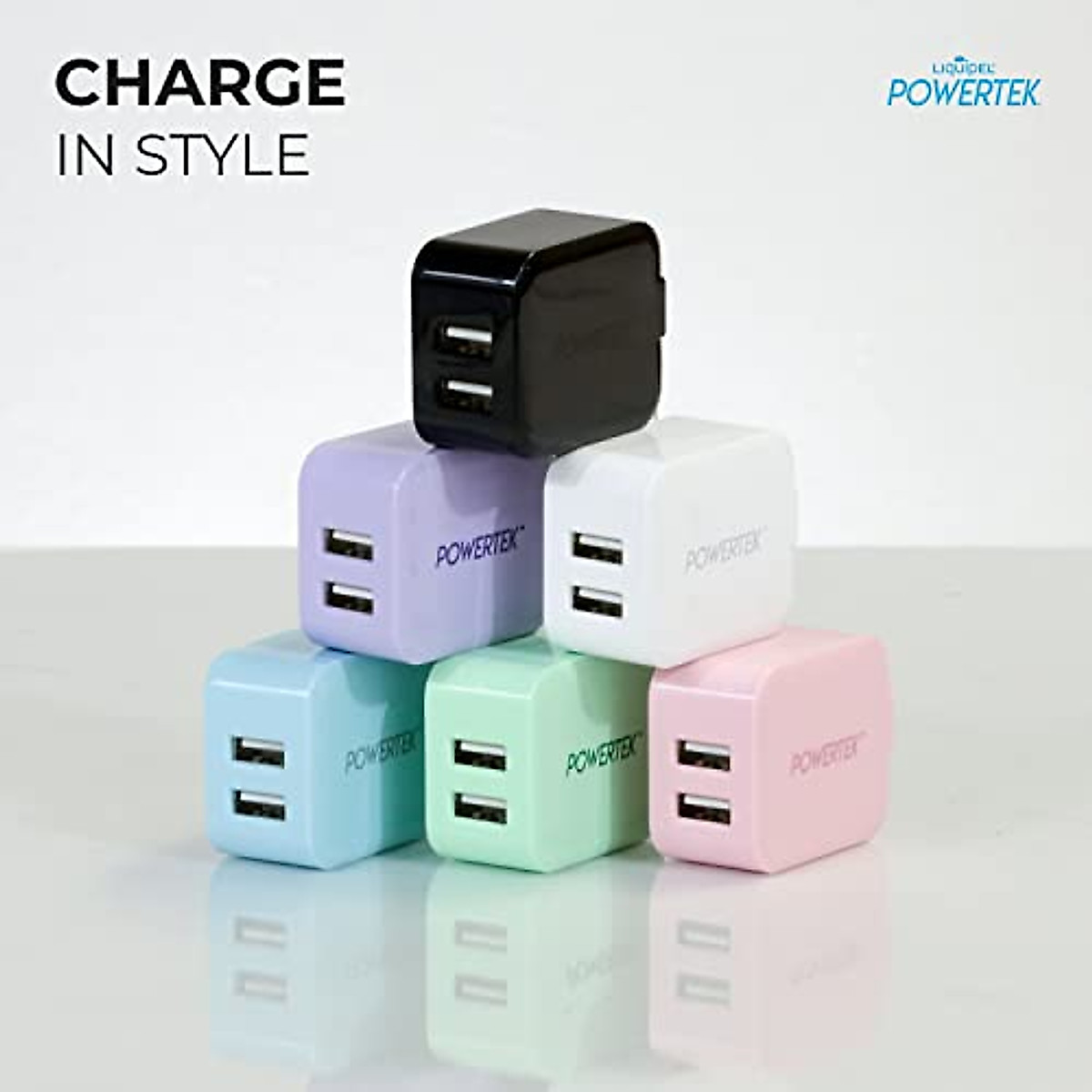 Liquipel Powertek Dual USB-A Wall Charger, Beveled Edges, Foldable, Compact, Pastel Colors (Purple)