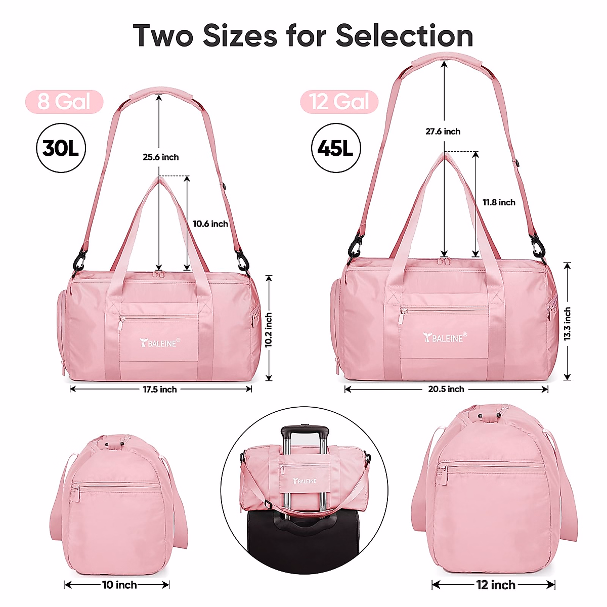 BALEINE Gym Bag for Women and Men, Small Duffel Bag for Sports, Gyms and Weekend Getaway, Waterproof Dufflebag with Shoe and Wet Clothes Compartments, Lightweight Carryon Gymbag (Pink)