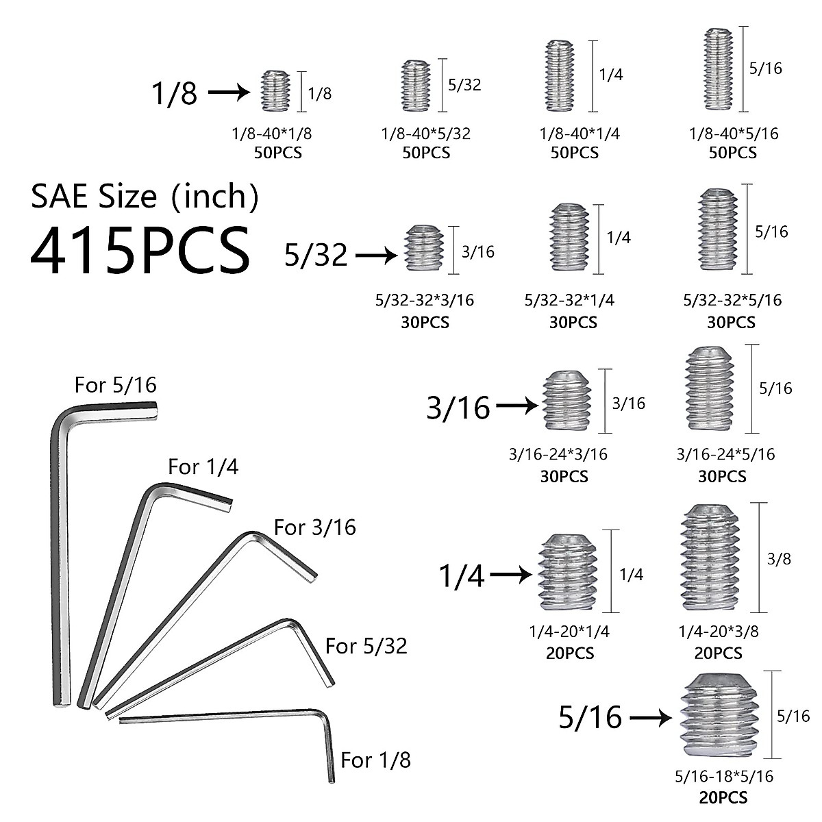 JROUTH 1000pcs Metric + SAE Set Screw Assortment Kit, Internal Hex Drive Cup-Point Allen Screws Set 304 Stainless Steel Grub Screw (M3-M8, 1/8""-40 to 5/16""-18)