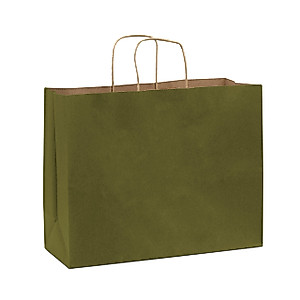 Green Gift Bags – 16x6x12 Inch 50 Pack Large Olive Green Kraft Shopping Bags with Handles, Euro Tote Retail Bags for Small Business & Boutique, Holiday Gifts, Wedding Guests, Birthday Parties, Bulk