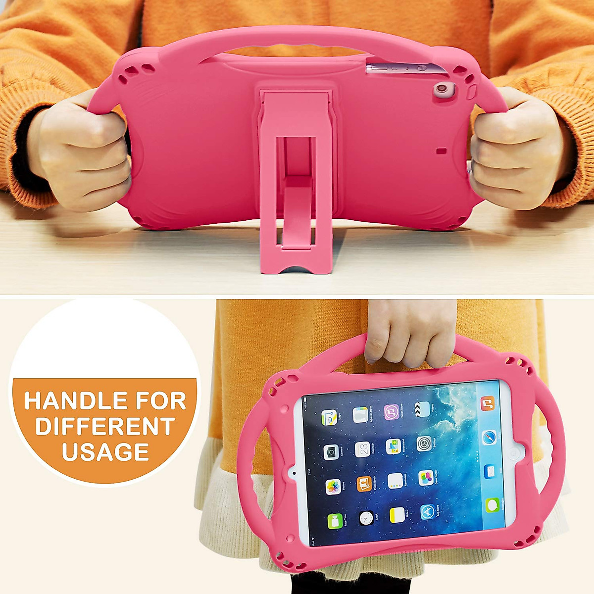 TopEsct Kids Case for iPad Mini 5 4 3 2 1,Silicone Childproof for iPad Mini 5 4 3 2 1, Built-in Handle Stand, Comes with a Strap (Pink)