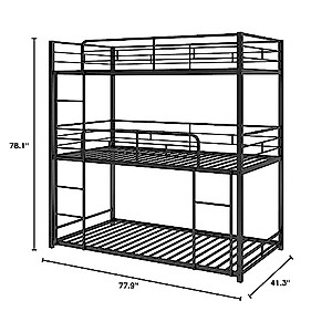 DNYN Twin Triple Bunk Bed with Built-in Ladder,Twin-Over-Twin-Over-Twin Size Metal Bunkbeds w/Safety Guardrails for Kids/Teen/Adults Bedroom,Home Furniture for Dorm,Guest Room, Black